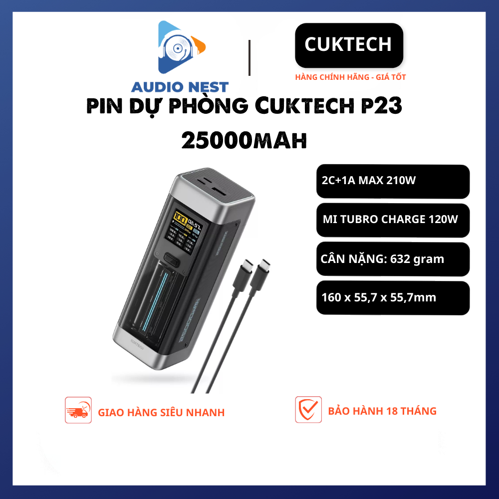 Sạc Dự Phòng Cuktech 25000mAh 120W (P23) 2C1A 210W PD 3.1 PPS5A QC Mi ...