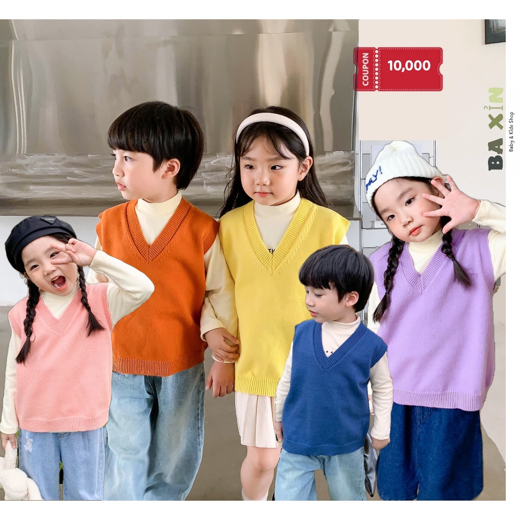 (12-30kg)Áo vest ghile len đan tay chất dày cổ tim form rộng viền cổ ...