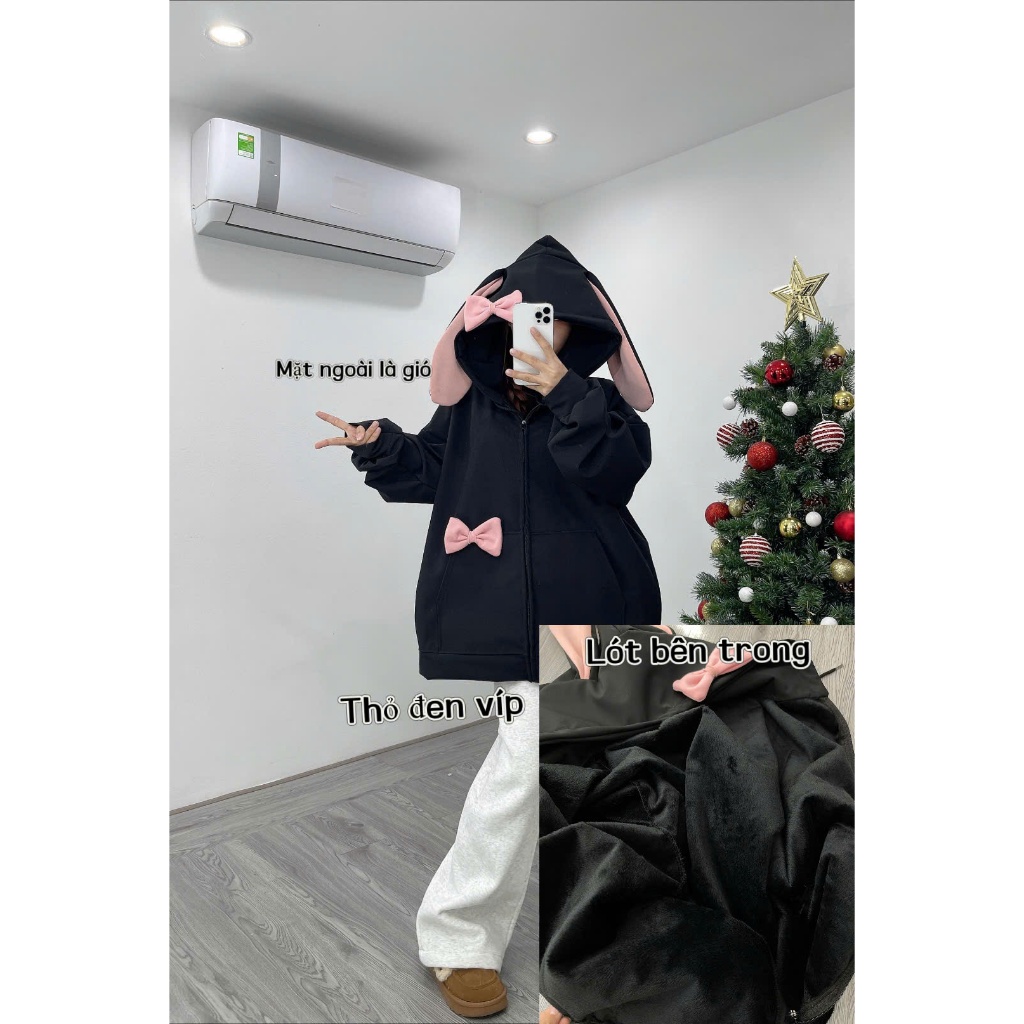 ÁO KHOÁC LÔNG 2 LỚP TAI THỎ HỒNG SIU CUTe | Shopee Việt Nam