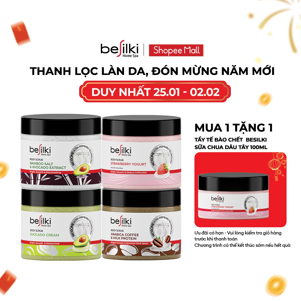 Tẩy da chết Body Besilki 3in1 sáng mịn, Sữa Chua Dâu/Bơ Tươi/Cà Phê ...