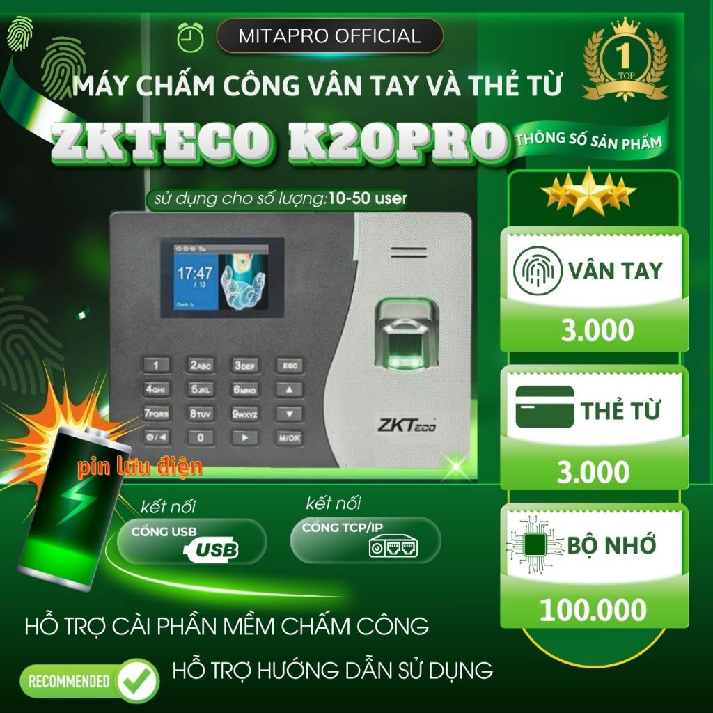ZKTECO K20 PRO [ Chính hãng ] Máy chấm công bằng vân tay và thẻ từ,tích hợp pin lưu điện/ tặng ...