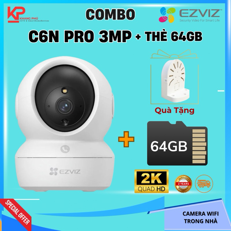 Camera wifi trong nhà Ezviz C6N PRO 3MP 2K = H6C PRO + Thẻ 64GB Tặng Chân Đế L, Xoay 360 độ, đàm ...