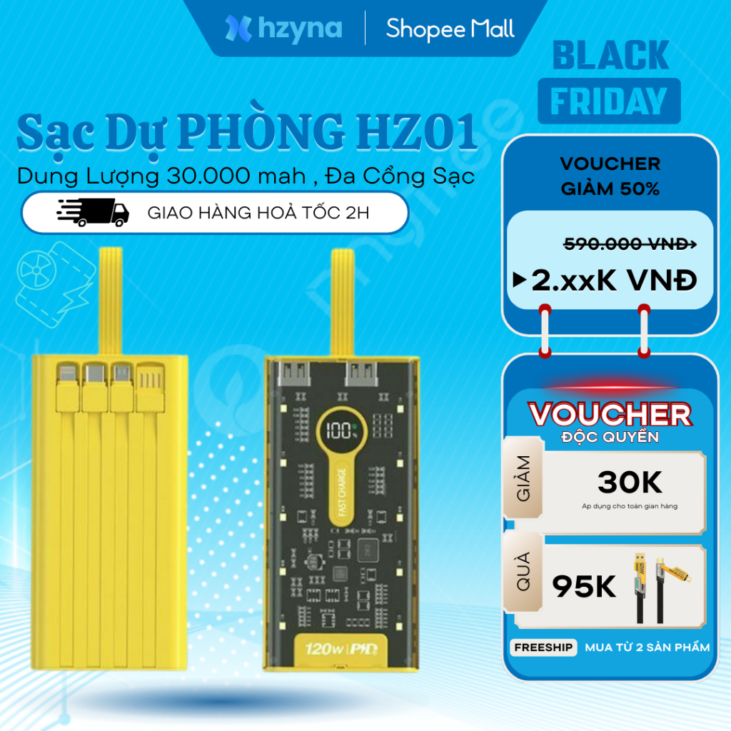 Pin sạc dự phòng HZ01 30000MAH 120W - Thiết kế trong suốt, sạc nhanh PD22.5W sạc đa thiết bị Có ...
