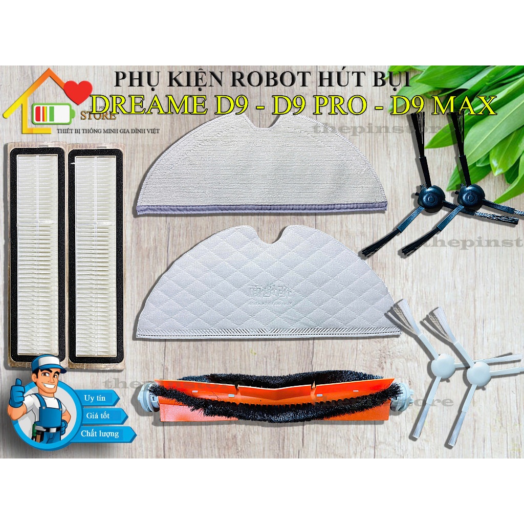( LOẠI 1) PHỤ KIỆN ROBOT HÚT DREAME D9, D9 PRO, D9 MAX. KHĂN LAU, CHỔI CẠNH, CHỔI GIỮA, LỌC BỤI ...