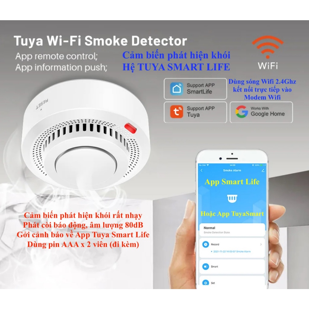 Cảm biến báo khói Tuya Smart Life, Home Assistant (Hass), Wifi, Zigbeee ...