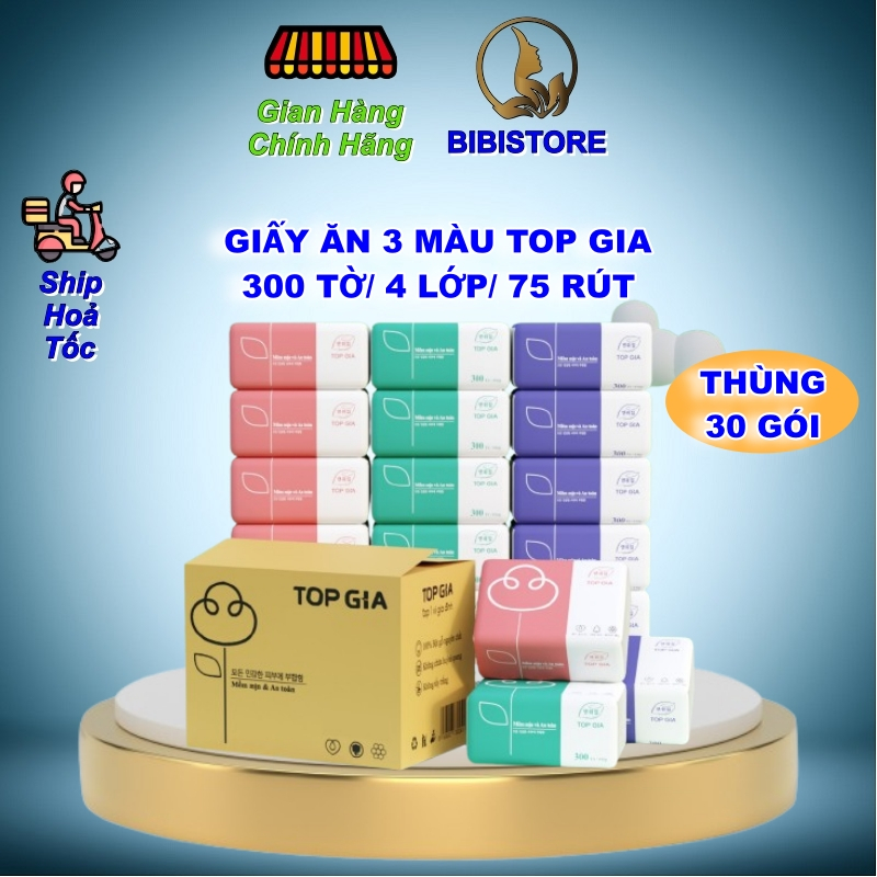 Giấy ăn gấu trúc, thùng 30 gói rút 3 màu TopGia cao cấp, mềm mịn, an toàn (Bibistore TB ...