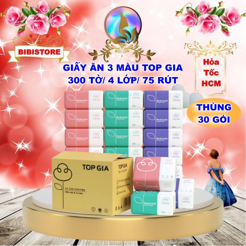 Giấy ăn gấu trúc, thùng 30 gói rút 3 màu TopGia cao cấp, mềm mịn, an ...