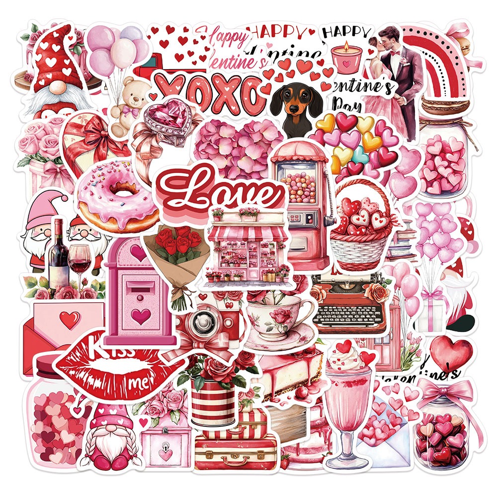 Set 10/20/50 cái sticker chống nước TRÁI TIM BÓ HOA TÌNH YÊU MÀU HỒNG ...