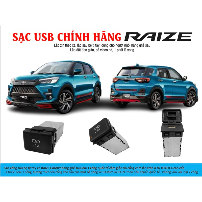 Sạc USB cho TOYOTA RAIZE chính hãng lắp sau bệ tì tay, dùng cho hàng ...