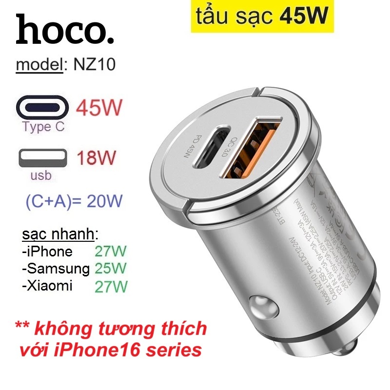 Tẩu sạc 45W 2 cổng (Type C + USB) Hoco NZ10 sạc nhanh cho điện thoại Samsung/ iP/ Xiaomi ...