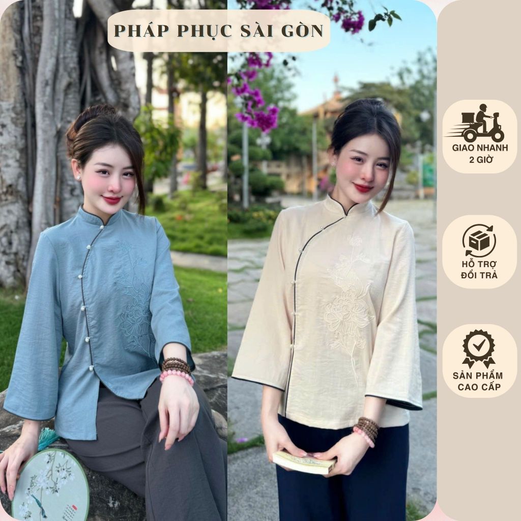 Sen Ngọc - Đồ lam đi chùa cổ tàu vải đũi cao cấp, Pháp phục lễ chùa khuy chéo cúc ngọc 5 màu ...