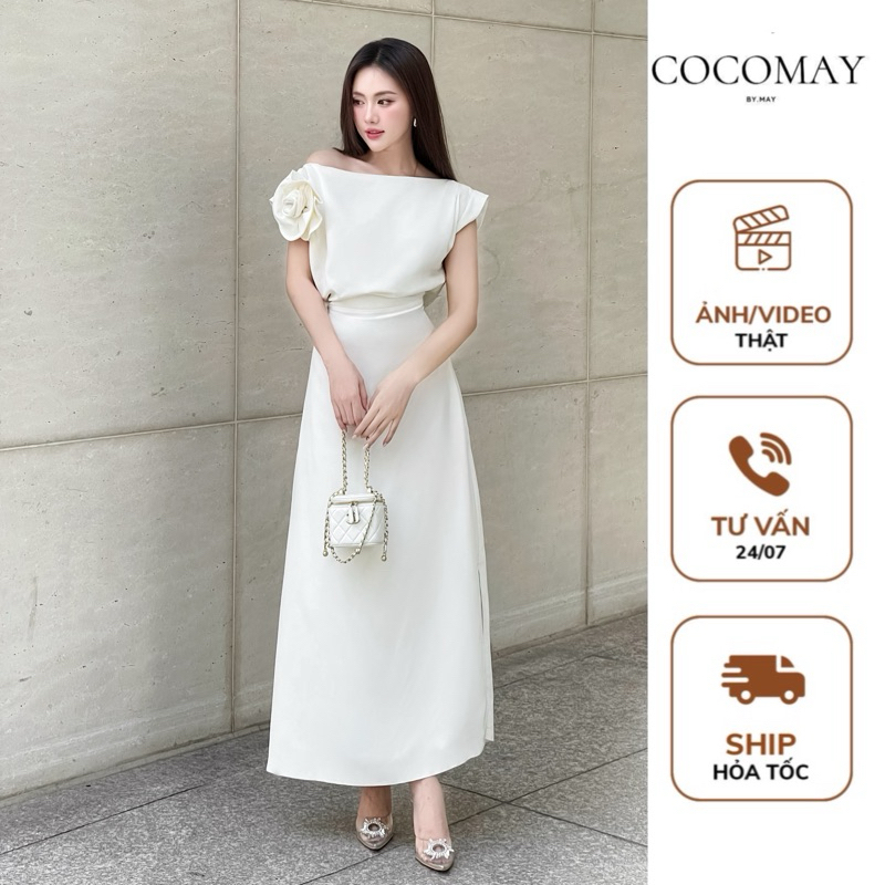 COCOMAY Đầm lệch vai hoa dáng dài xẻ tà màu trắng Nữ | Shopee Việt Nam
