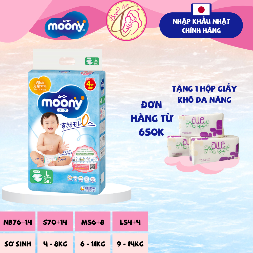 Tã dán cộng miếng Moony Blue cao cấp đủ size NB74+14/S70+14/M56+8/L54+4 ...