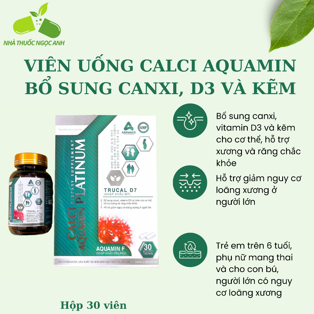 Viên uống Calci Aquamin - Bổ sung Canxi, Vitamin D3 và Kẽm giúp xương, răng chắc khỏe hộp 30 ...
