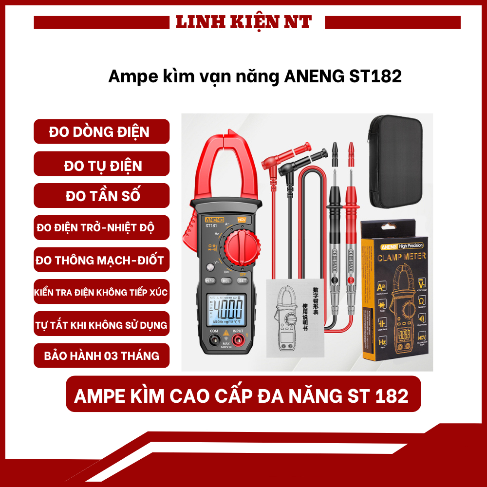 Ampe Kìm Đồng Hồ Kẹp Dòng Vạn Năng ANENG ST182 Đo Tụ, Tần Số, Nhiệt Độ, Điện Trở, Điện Áp ...