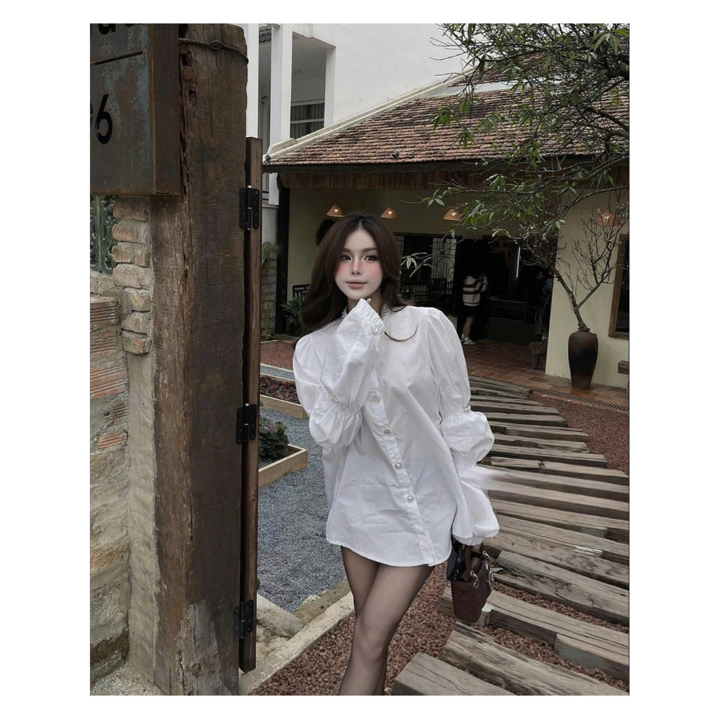 Áo Sơ Mi Nữ,Sơ Mi Trắng Nữ Kiểu Dáng Cổ Tròn Đính Đá Dáng Suông Siêu Xinh T50 | Shopee Việt Nam