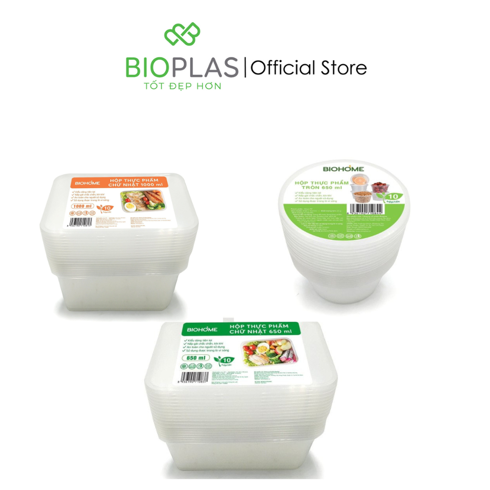 Hộp thực phẩm Biohome tròn/chữ nhật 650ml - 1000ml (10 bộ/lốc) - Hộp lò vi sóng - Mang đi tiện ...
