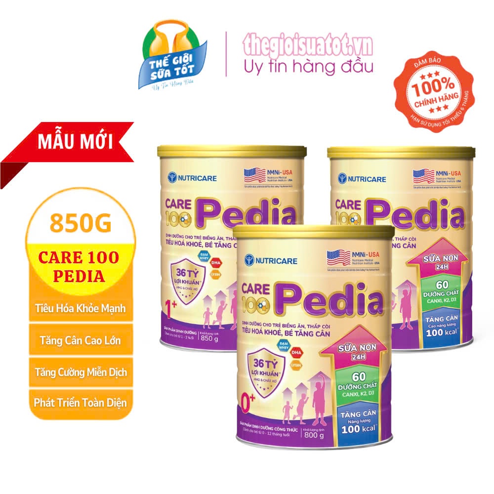 Sữa bột Nutricare Care 100 Pedia Số 0 1 2 - 850g Phát triển cân nặng & chiều cao vượt trội cho ...