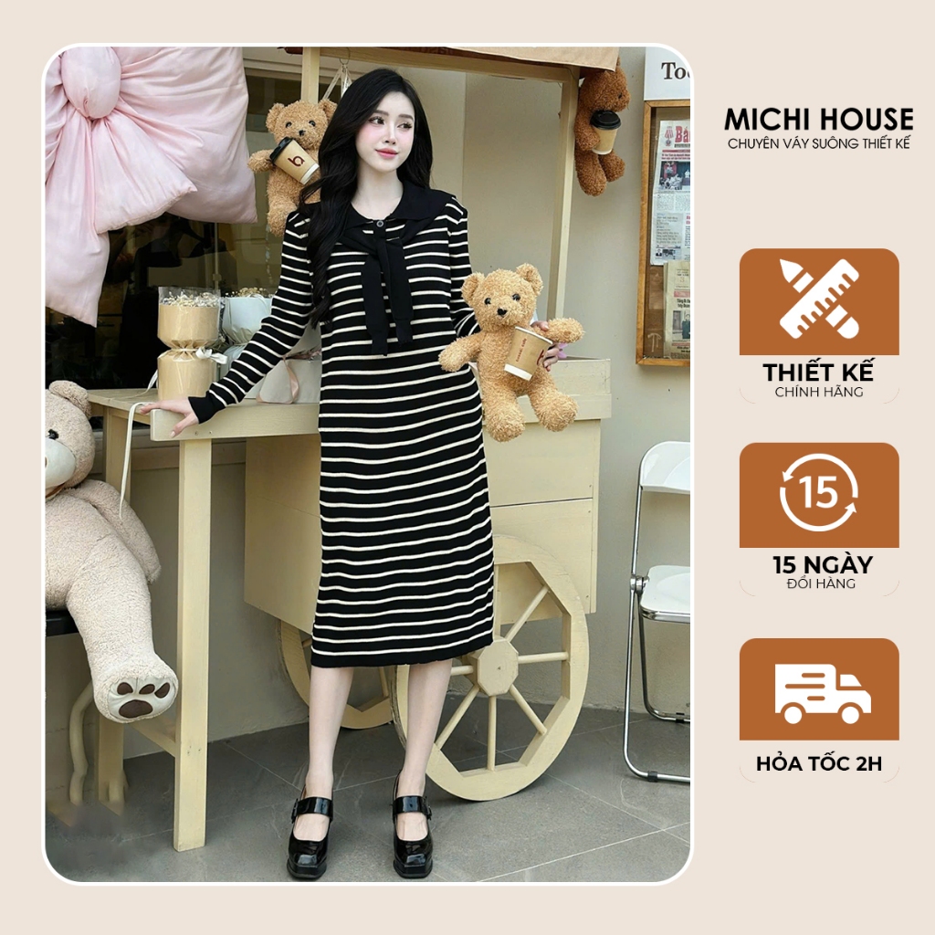 Đầm Len Suông MICHI HOUSE Váy Xuông Kẻ Dài Tay Kèm Khăn Vắt Vai Freesize K182 | Shopee Việt Nam