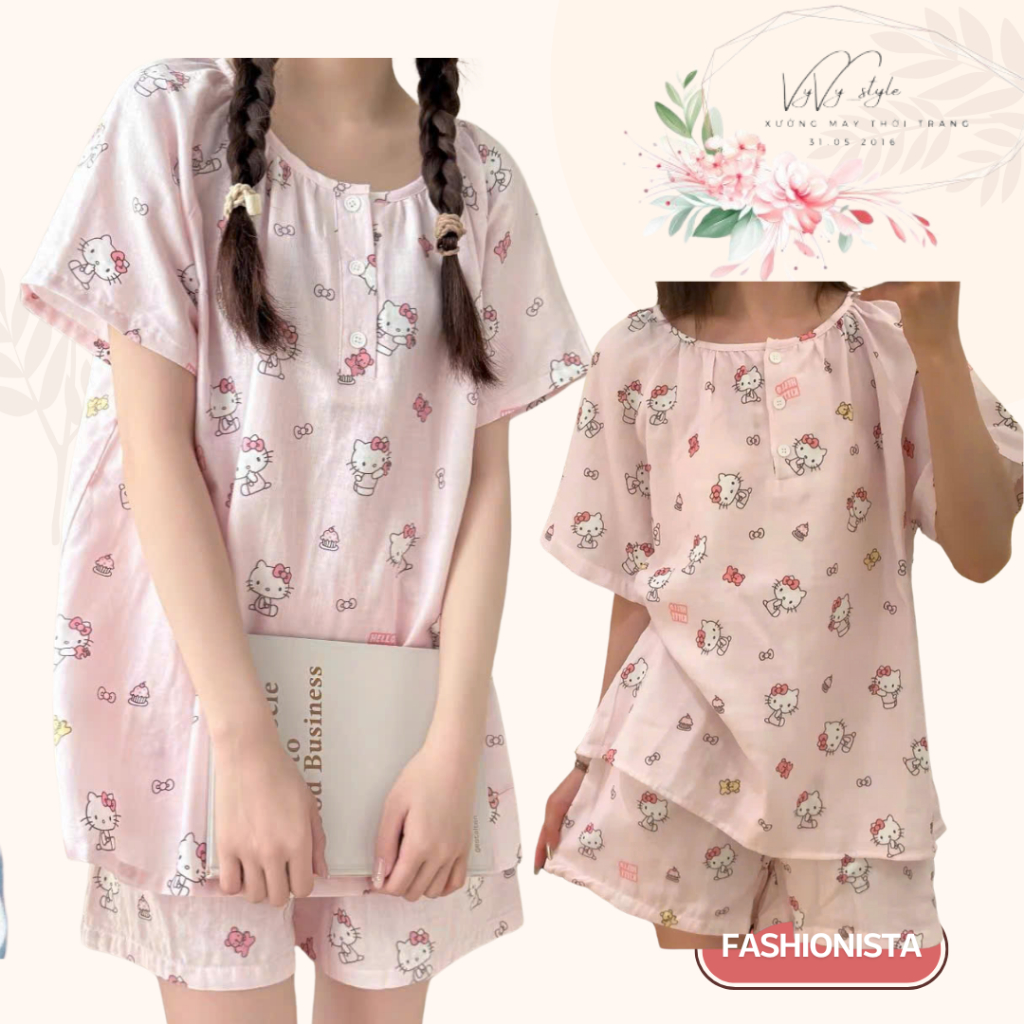 Bộ Đồ Ngủ Baby Kitty dễ thương mặc nhà mùa hè, chất liệu đũi mềm ...