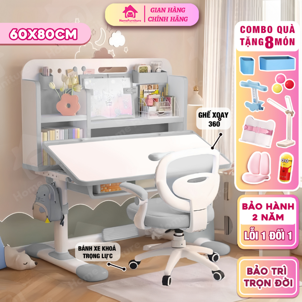 Bộ bàn học H06 chống gù ghế xoay 360 độ, mặt bàn nghiêng 60 độ, bánh xe khoá trọng lực kèm nhiều ...
