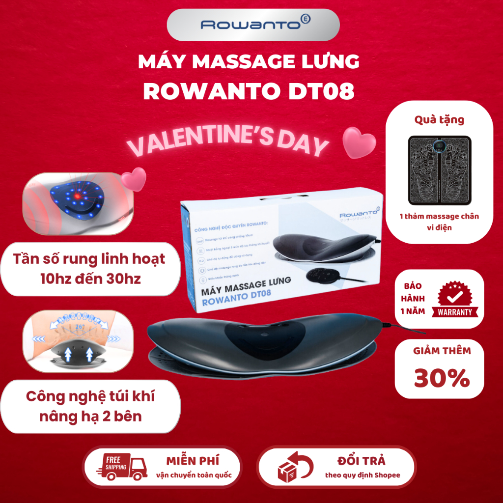 {Tặng thảm massage] Máy massage lưng Rowanto DT08, hỗ trợ cải thiện thoát vị đĩa đệm, kéo giãn ...