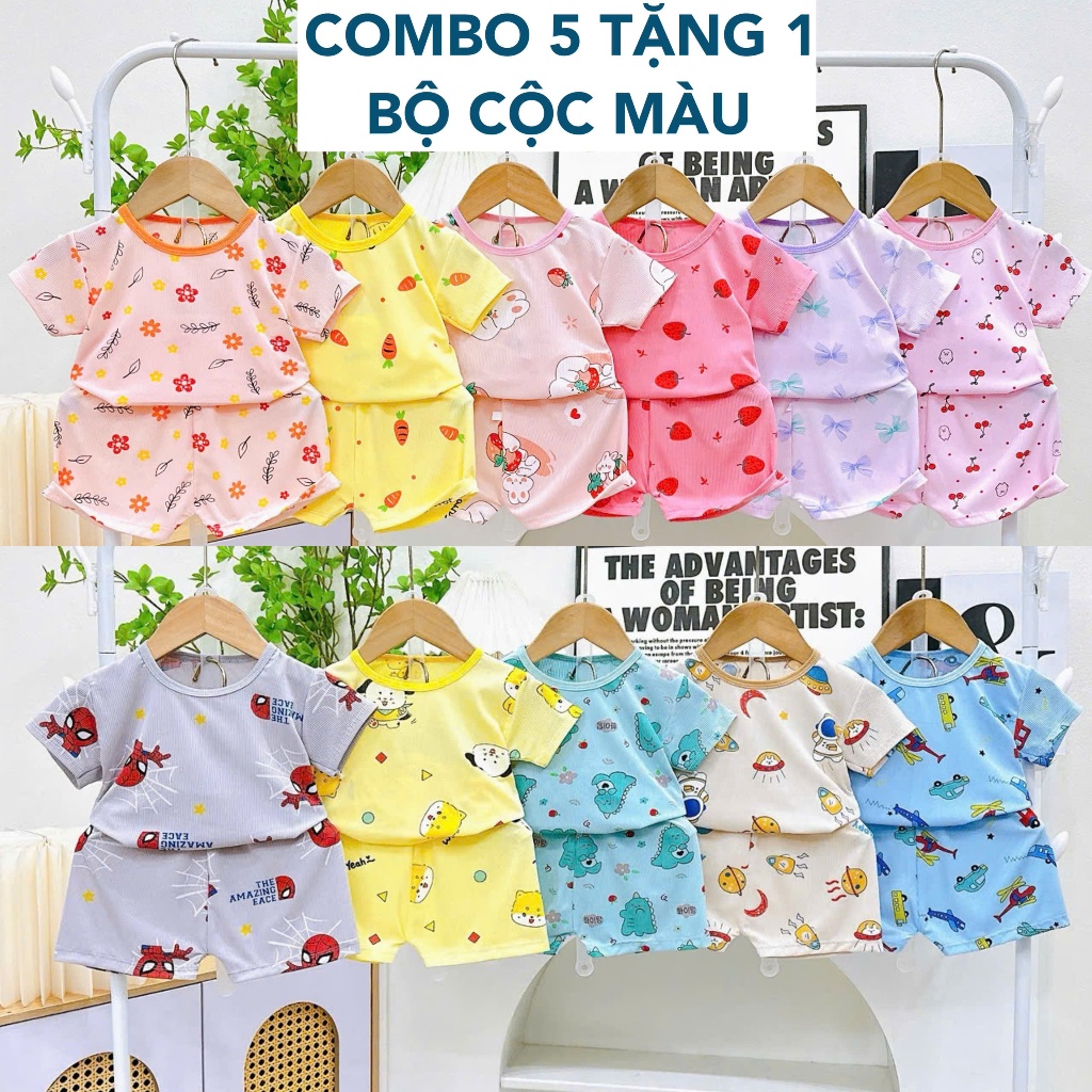 {MS07] Combo 5 Bộ(Tặng 1 Bộ) cộc tay thun tăm cho bé in hình dễ thương ...