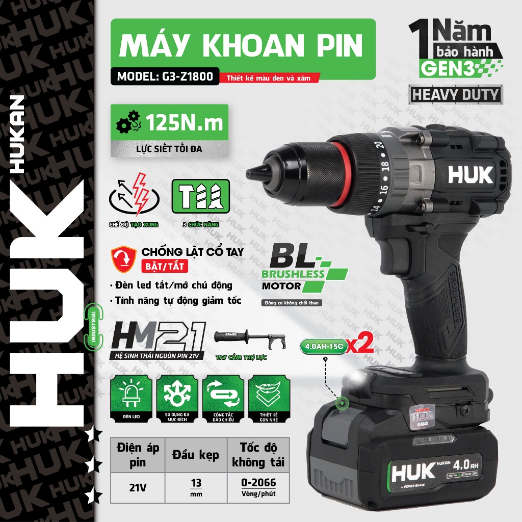 Máy Khoan Pin HUKAN Gen3 G3-Z1800 - Lực siết lớn 125N.m - Tắt bật Chống ...