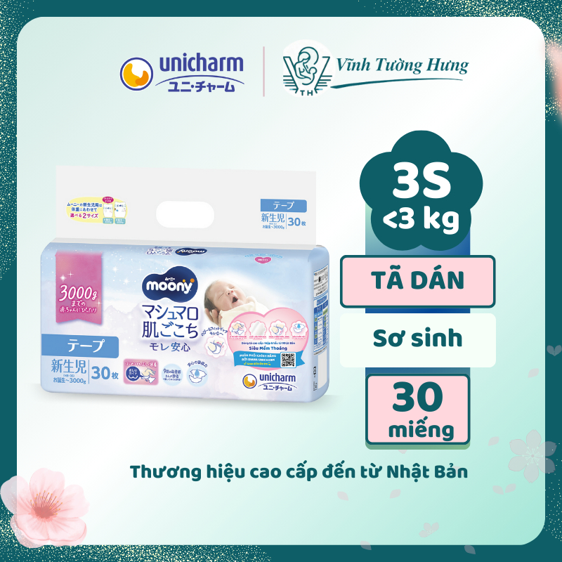 Tã dán Moony Blue size 3S 30 miếng cho bé sơ sinh nhẹ cân, bảo vệ êm ái ...
