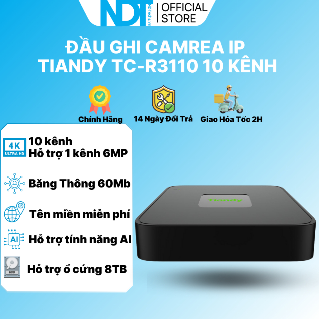 Đầu Ghi Camera IP 10 - 20 kênh TIANDY TC-R3110 Hỗ Trợ AI Chuẩn H265+ 80Mbps 8Mp Hỗ Trợ 1 Ổ SATA ...