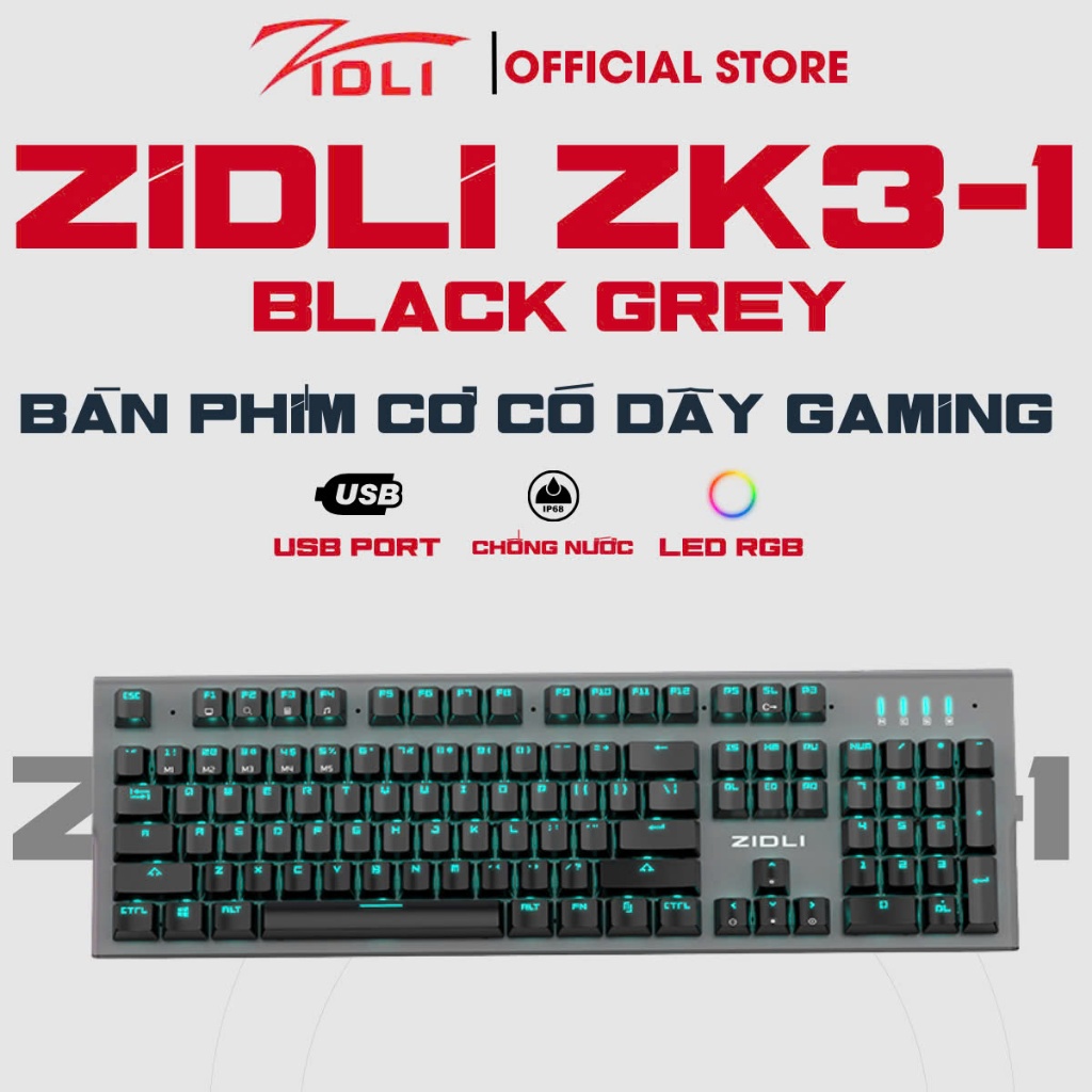 Bàn phím cơ có dây Gaming Zidli ZK3 (ZK3-1), màu đen (Quang cơ, Aluminum, IP68, RGB, USB Port ...