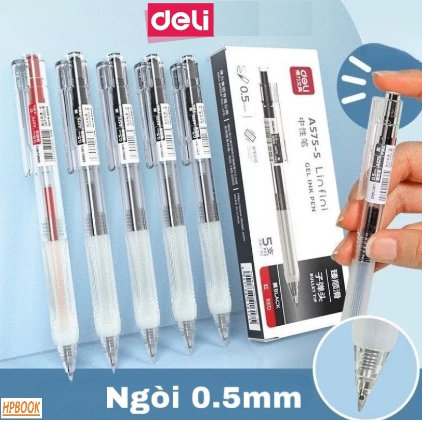 Bút Bi Nước Gel Bấm Deli A575 Trơn Tru Ngòi 0.5mm Mực Xanh Đen gelpen | Shopee Việt Nam