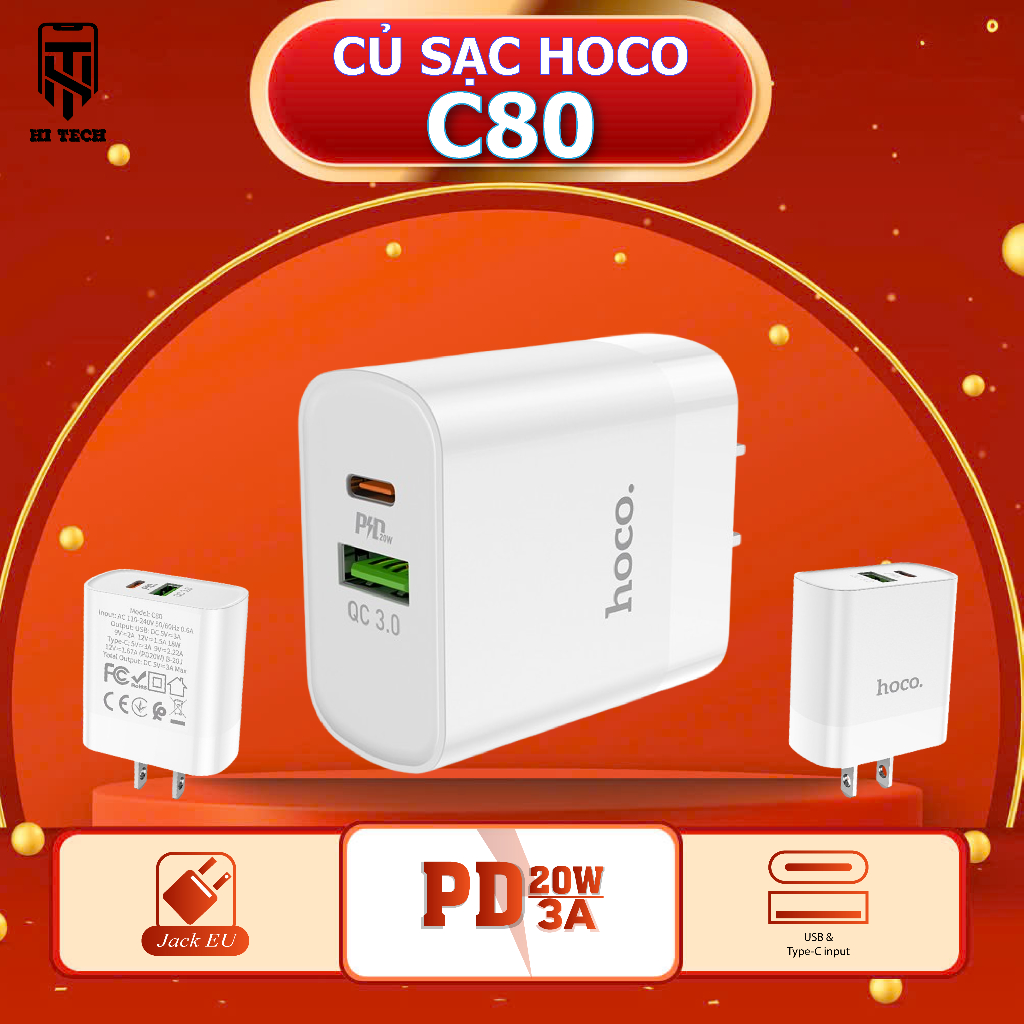 Củ sạc nhanh, củ sạc 20W hoco C80, 2 cổng USB và Type C, tương thích ...