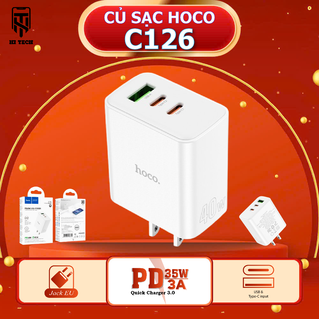 Cốc sạc nhanh Hoco C126, củ sạc 3 cổng (2 TypeC + USB), hỗ trợ sạc ...