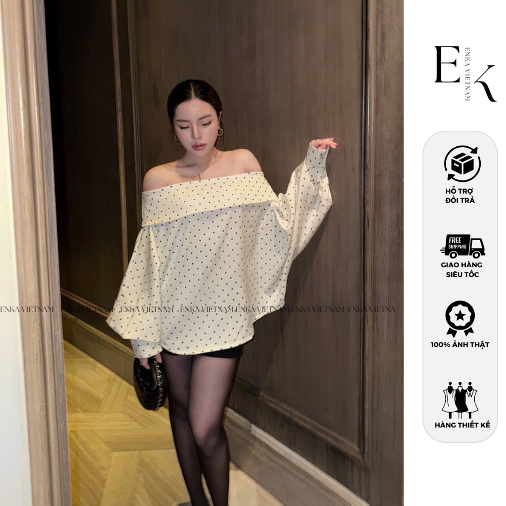 Áo trễ vai chấm bi Minnie tay dài dày dặn phong cách tiểu thư sang trọng Top Women - ENKA ...