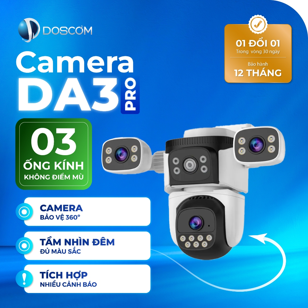 Camera Wifi 3 Mắt DA3 Pro Doscom Zoom Quang Học 5X, Quay 360, Đàm Thoại 2 Chiều, Chống Nước IP67 ...