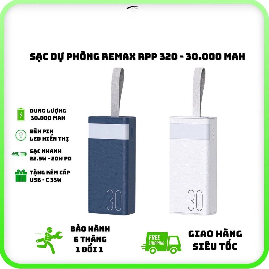 Pin sạc dự phòng 30.000 mah REMAX RPP 320 sạc nhanh ( Mua 1 tặng 1 cáp USB - C ) | Shopee Việt Nam