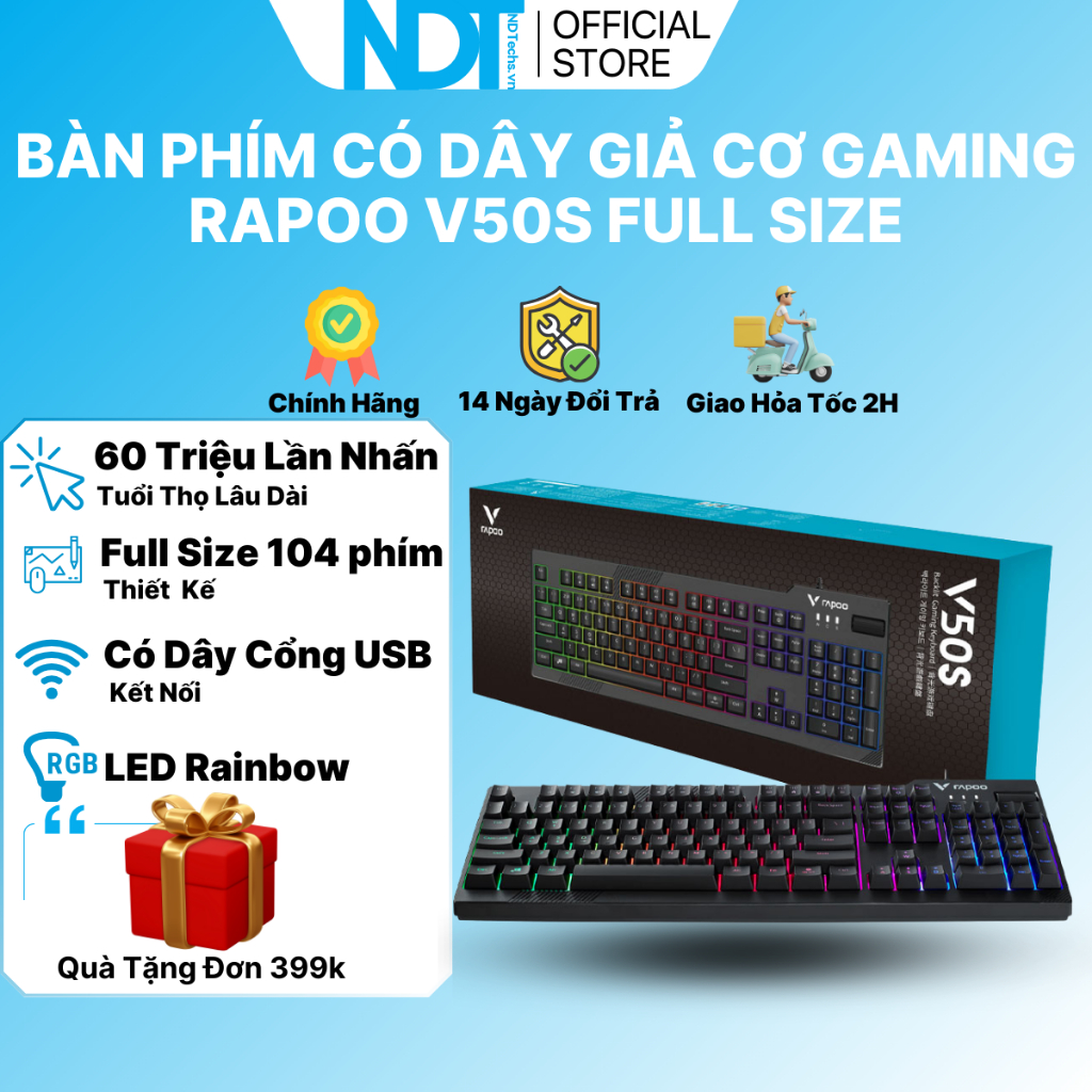 Bàn Phím Có Dây Giả Cơ Gaming Rapoo V50S Full Size 104 Phím Led RGB Raibow Dây Kết Nối USB ...