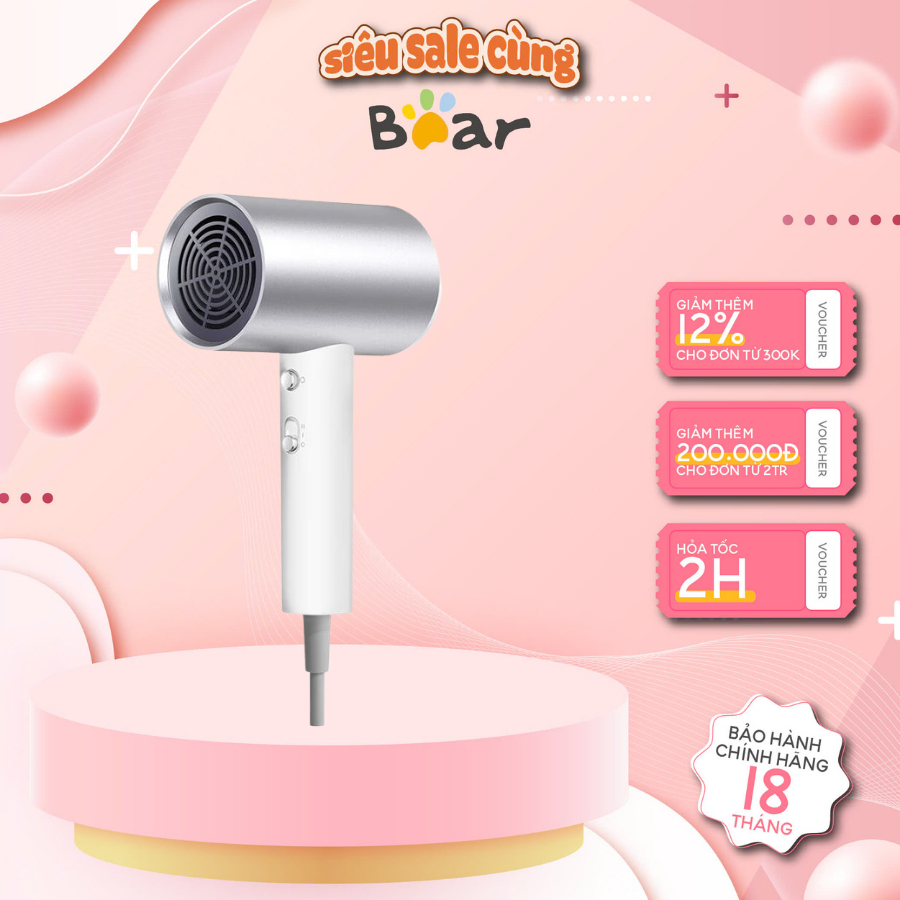 Máy sấy tóc mini ion âm Bear DCF-C18E5, Csuất cao 1800W, 2 tốc độ gió ...