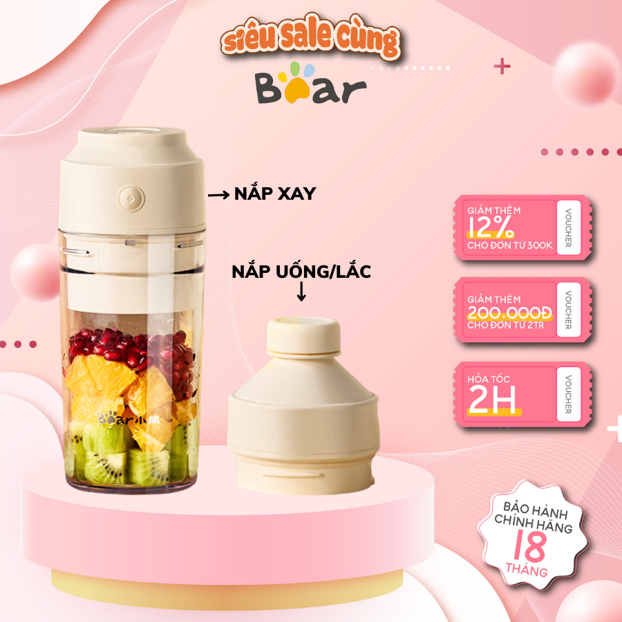 Máy xay sinh tố cầm tay 0.3L Bear LLJ-S04S6, 60W, Tích điện, 6 Lưỡi dao inox xay đá, Kèm nắp, BH ...