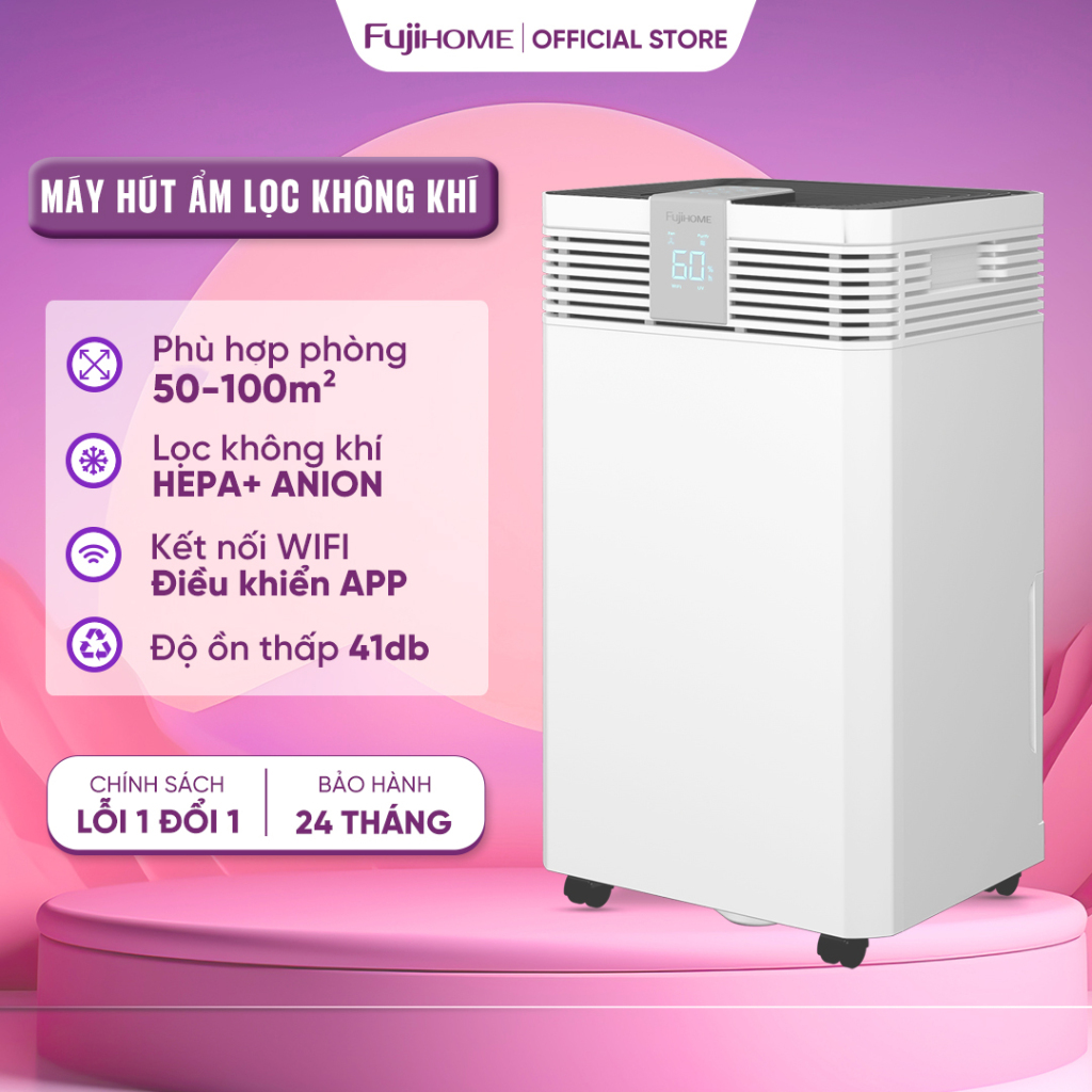 Máy hút ẩm 60L/ngày dùng máy nén cho phòng 100m2 Nhập Khẩu Fujihome DH60W-HEPA kèm lọc không khí ...