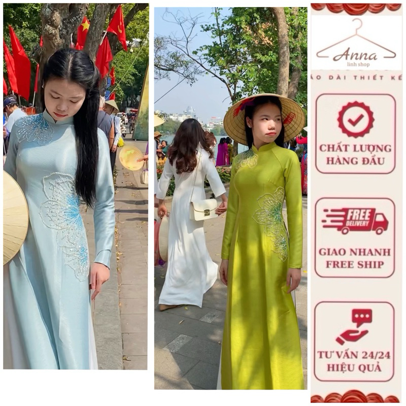 Áo dài Truyền thống vải Vân gỗ, 2 tà , cổ cao 3p , tay dài _ Anna ...