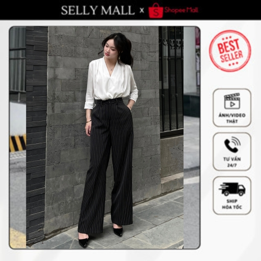 Quần Vải Nữ Cạp Cao - Quần Vải Nữ Ống Rộng Kẻ Sooc Đen Cực Sang Chảnh , Cá Tính SELYY MALL Q681 ...