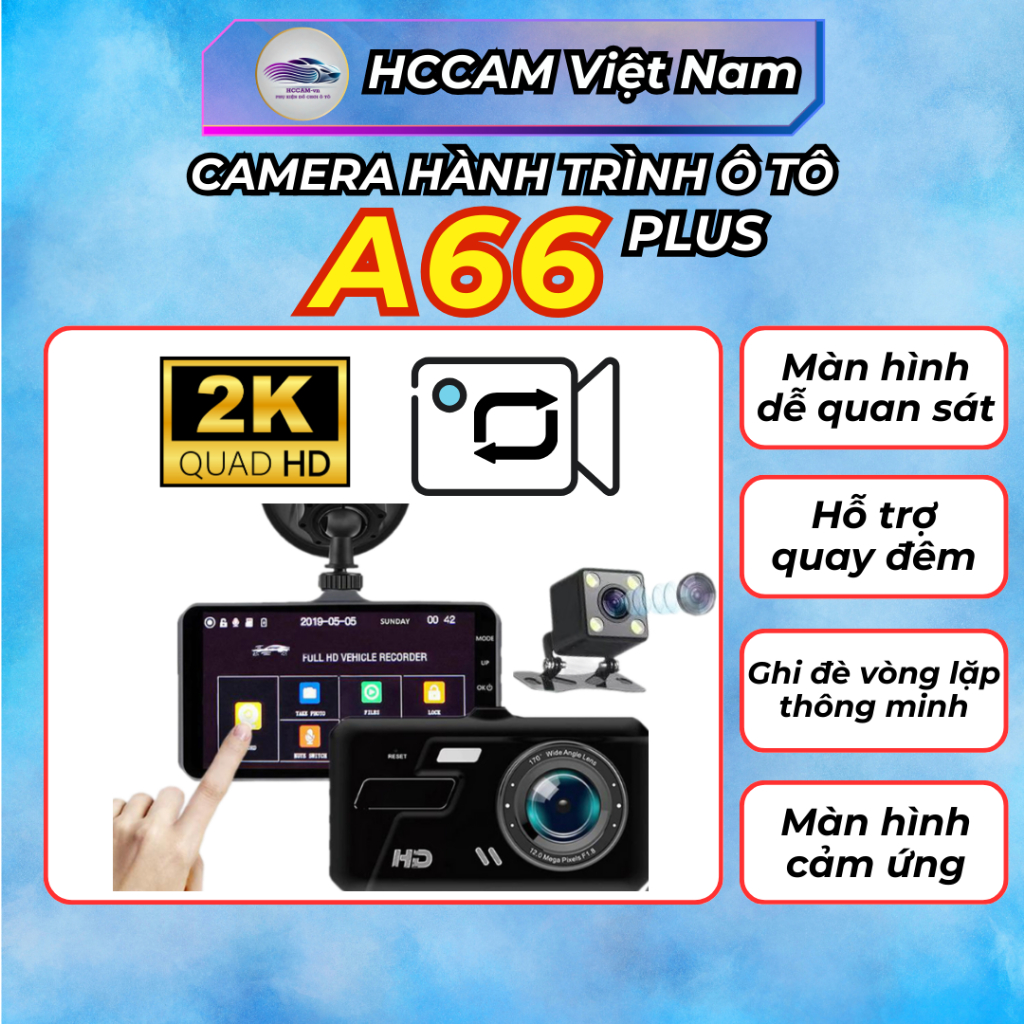 Camera hành trình HCCam A66 Plus, ghi hình 2 mắt cam trước sau 1296P ...