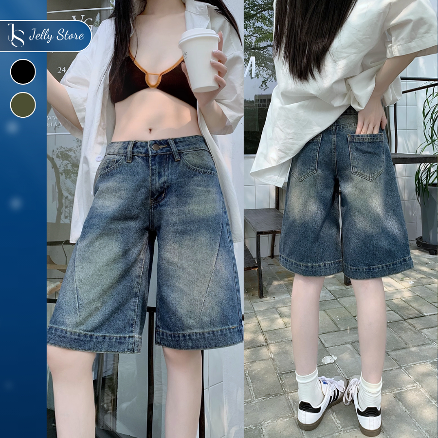 Quần jean ngố nữ form rộng, quần đùi ống rộng cạp cao JELLY - baggy ...