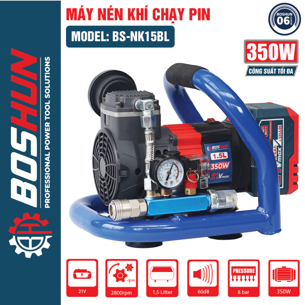 Máy nén khí pin BOSHUN BS-NK15BL, Công suất 350w, Dung tích 1.5L - Không chổi than - 100% lõi ...