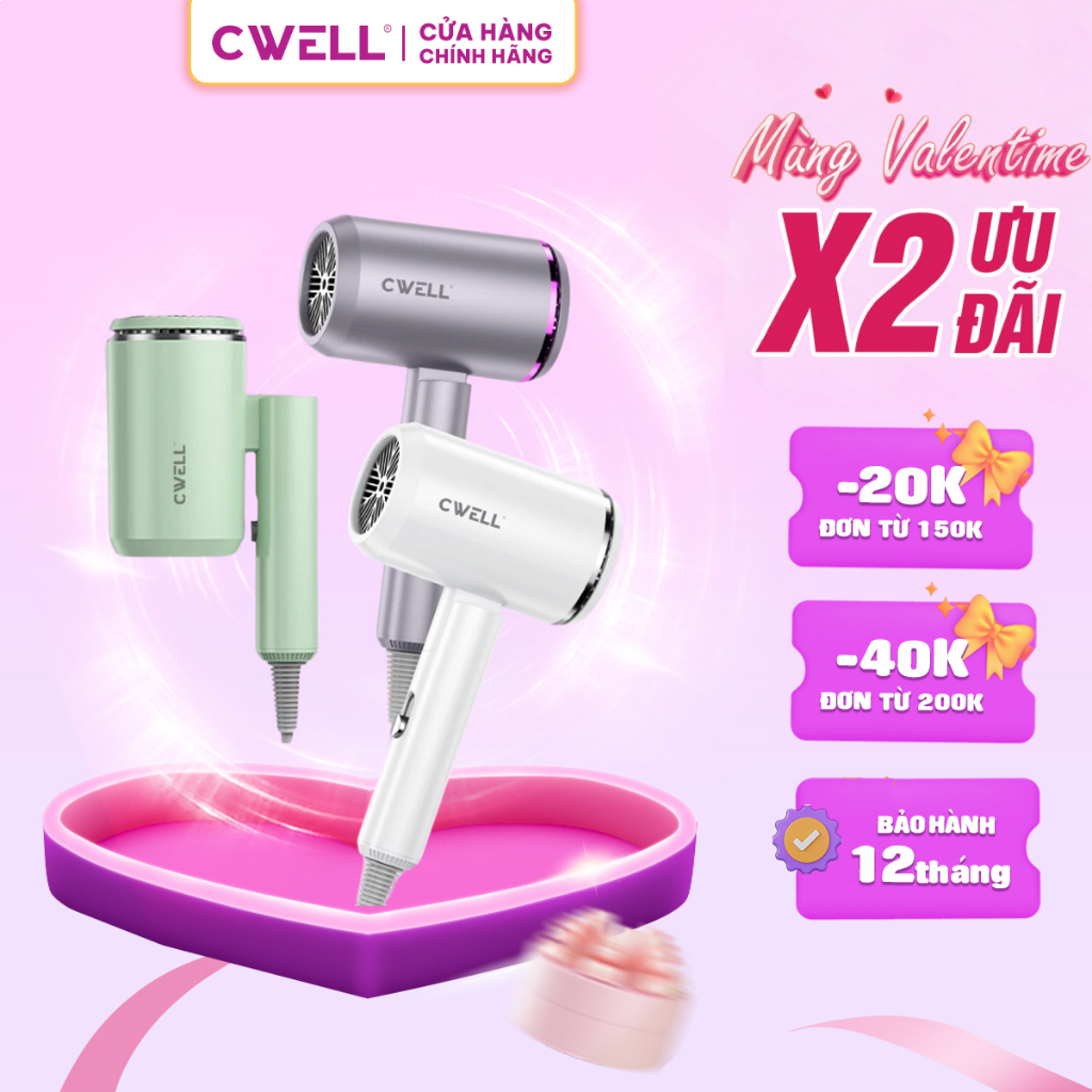 Máy sấy tóc gấp gọn CWell 1800W 2 chiều nóng lạnh, 3 chế độ nhiệt, ánh ...