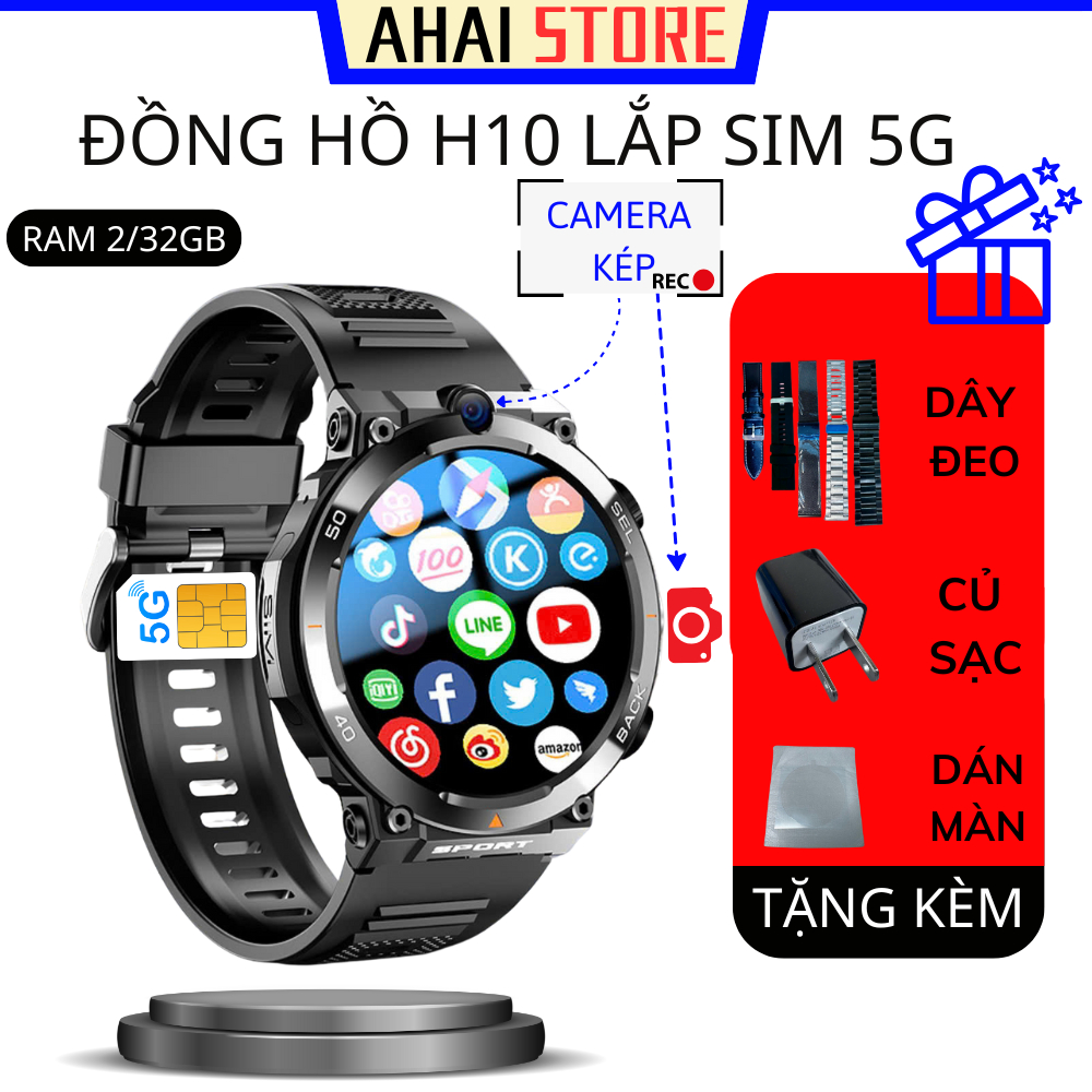 Đồng hồ H10 mặt tròn thể thao lắp sim nghe gọi camera kép tải ứng dụng ...