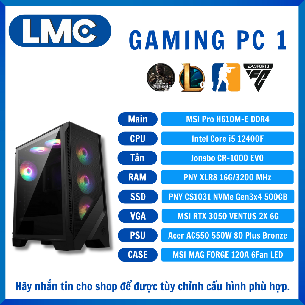 Bộ máy tính Gaming PC 12400F 13400F 14600F / 3050 3060 6600 4060 ...