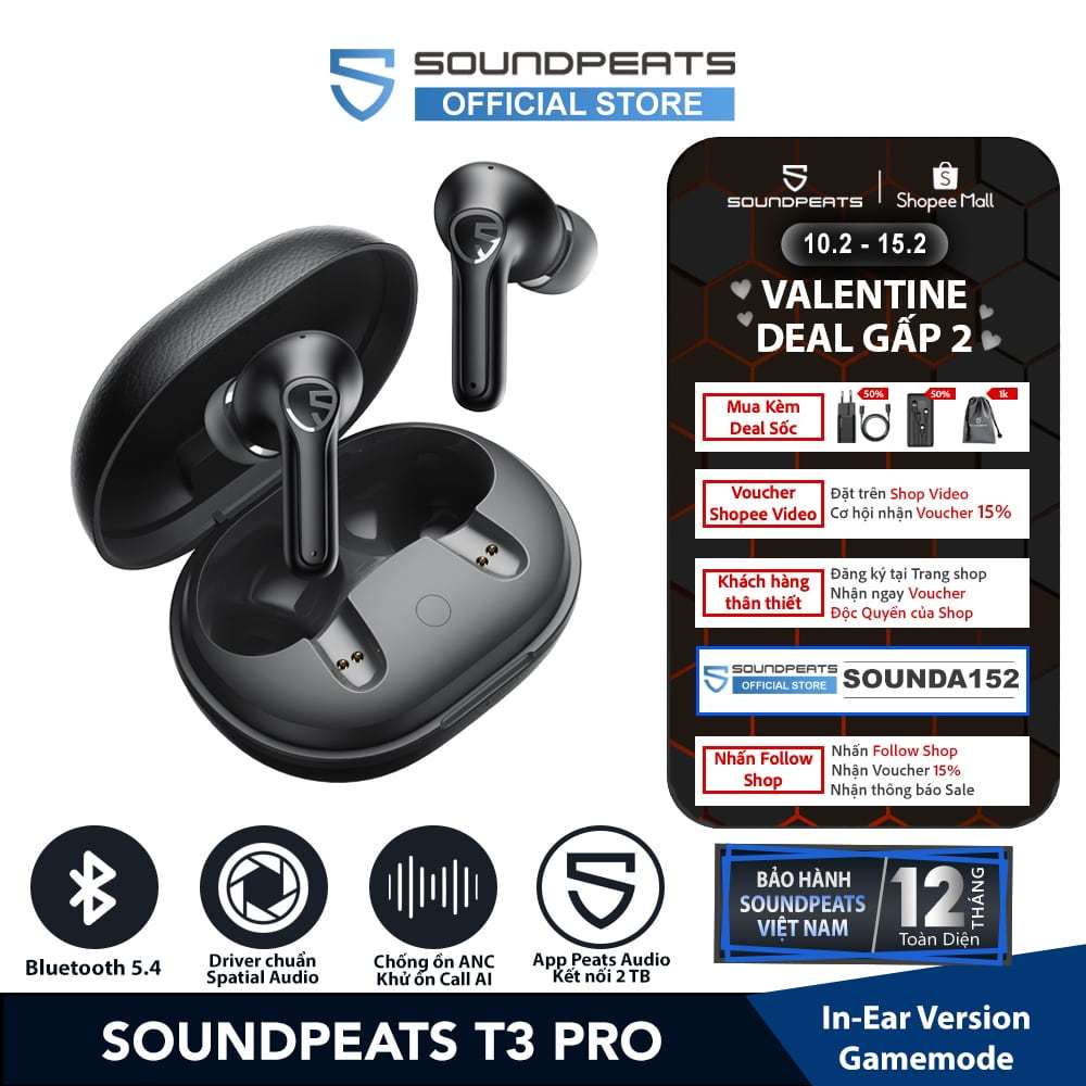 Tai nghe True Wireless SoundPEATS T3 Pro ANC Spatial Audio Bluetooth 5. ...